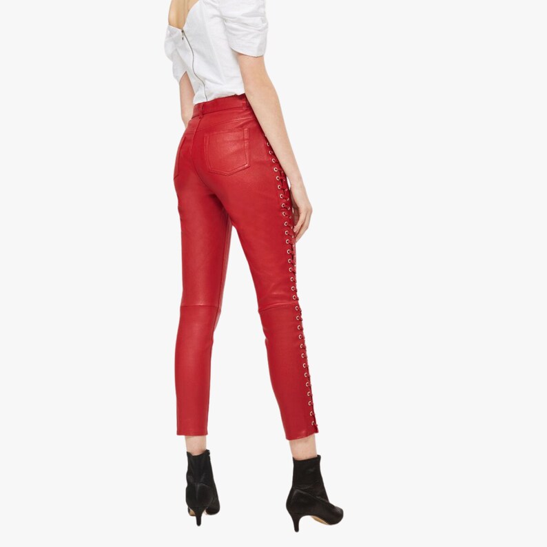 Side Laced Up Handmade Red Leather Pants Steampunk Fitted Red Leather Pants Women Biker