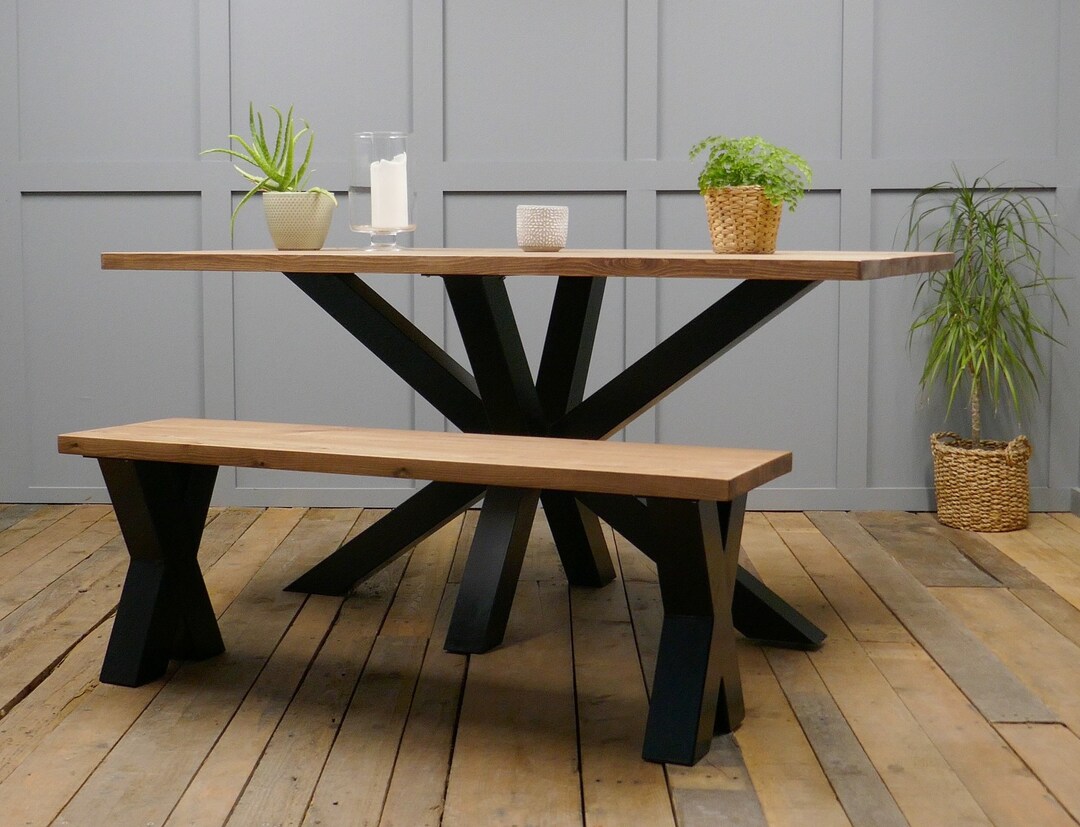 Rustic Solid Wood Industrial Dining Table Bench Set With Black Spider ...