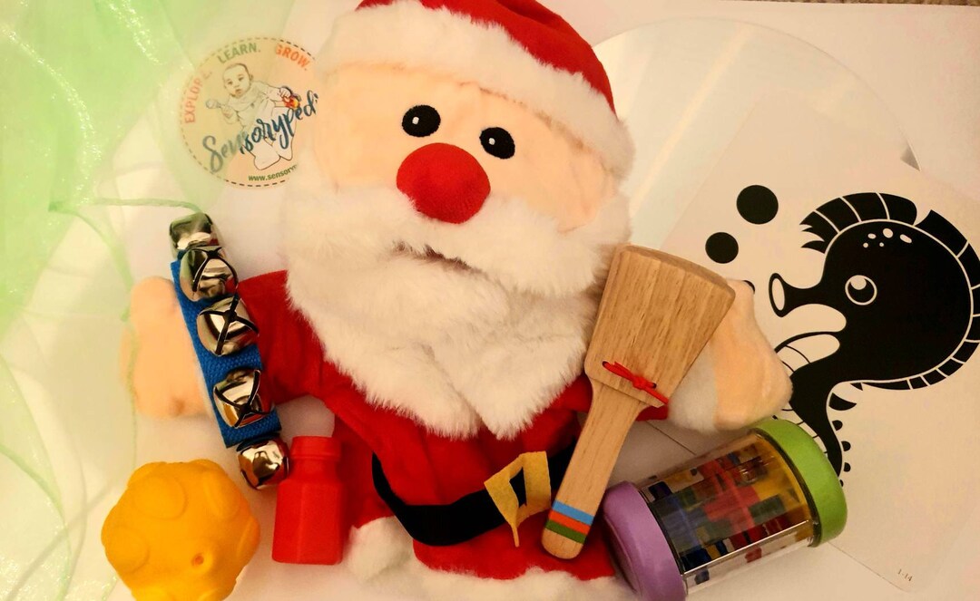 Christmas Sensory Box 9 ITEMS: , Hand Puppet, Castanet, Rain Shaker ...