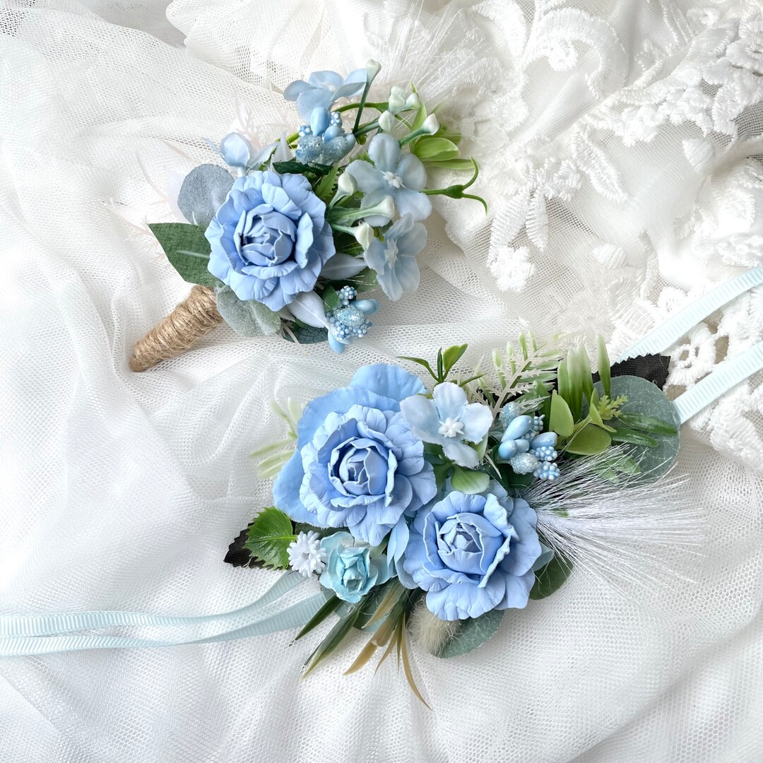 Baby Blue Corsage and Boutonniere Set Flower Wrist Corsage Summer ...