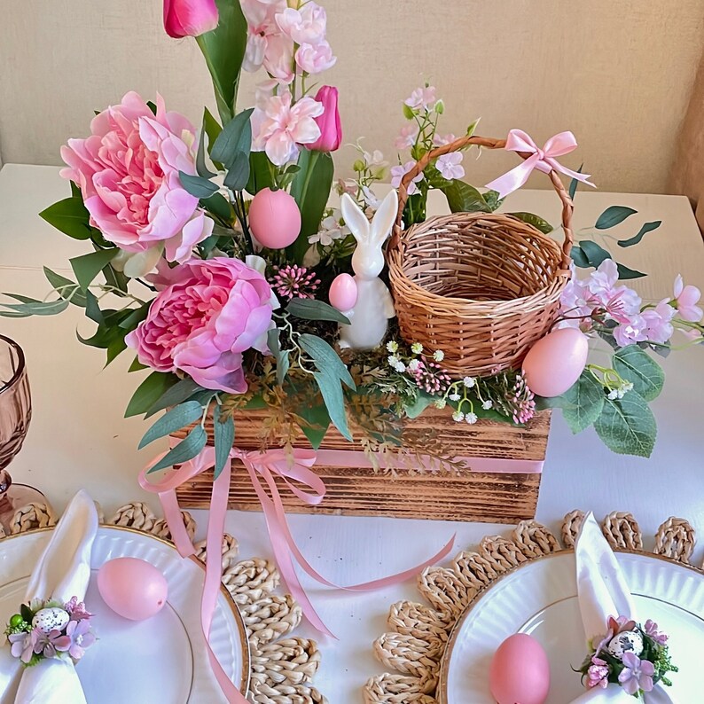 Easter Arrangement for Table Bunny Centerpiece Easter Candy Dish Peony ...