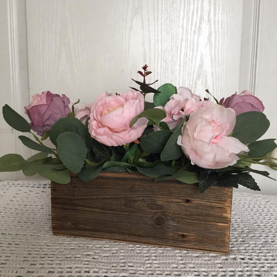 Floral Arrangement Box Peonies and Roses Bouquet Wood Planter Box Blush ...