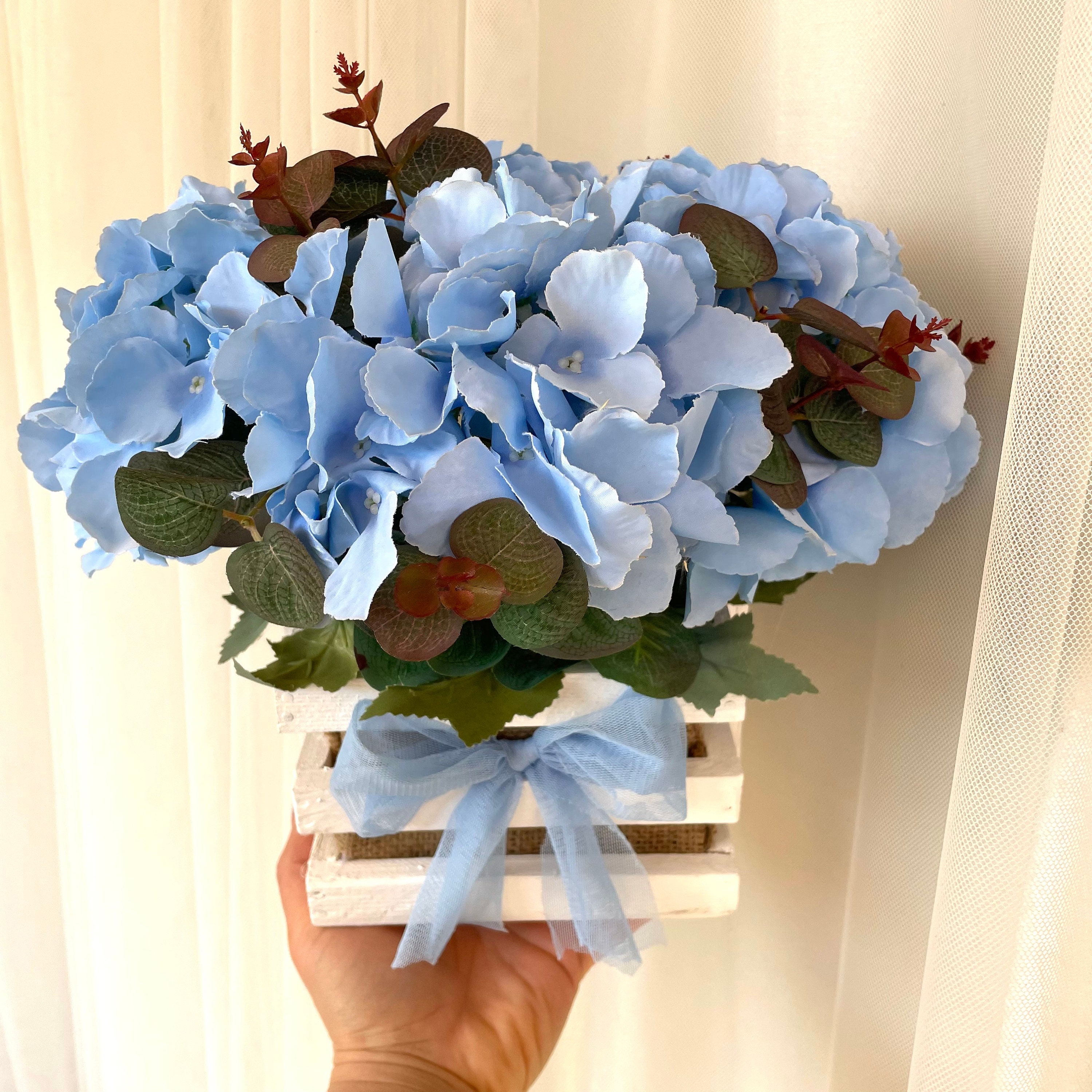 Blue Hydrangea Centerpiece Farmhouse Floral Arrangements Blue Silk ...
