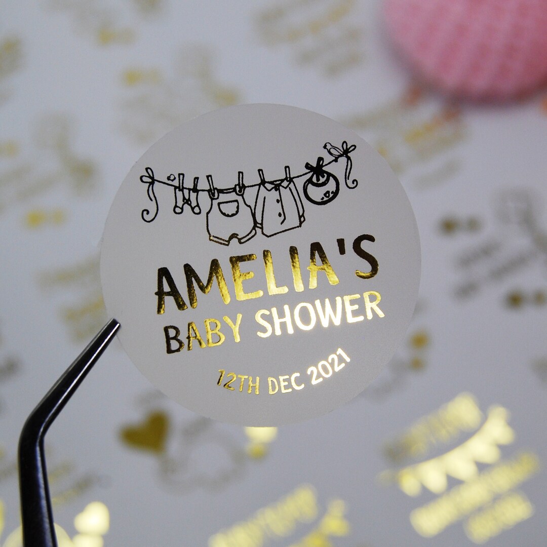 Baby Shower Semi Clear Round Matt Frosted Sticker Labels in Pink, Gold ...
