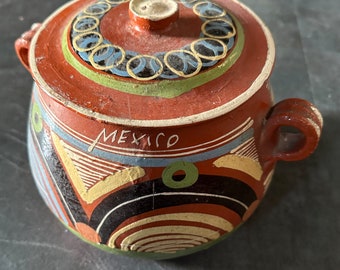 Vintage 1950's Mexican Bean Pot W/lid. Folk Art Style With Vibrant Hand ...