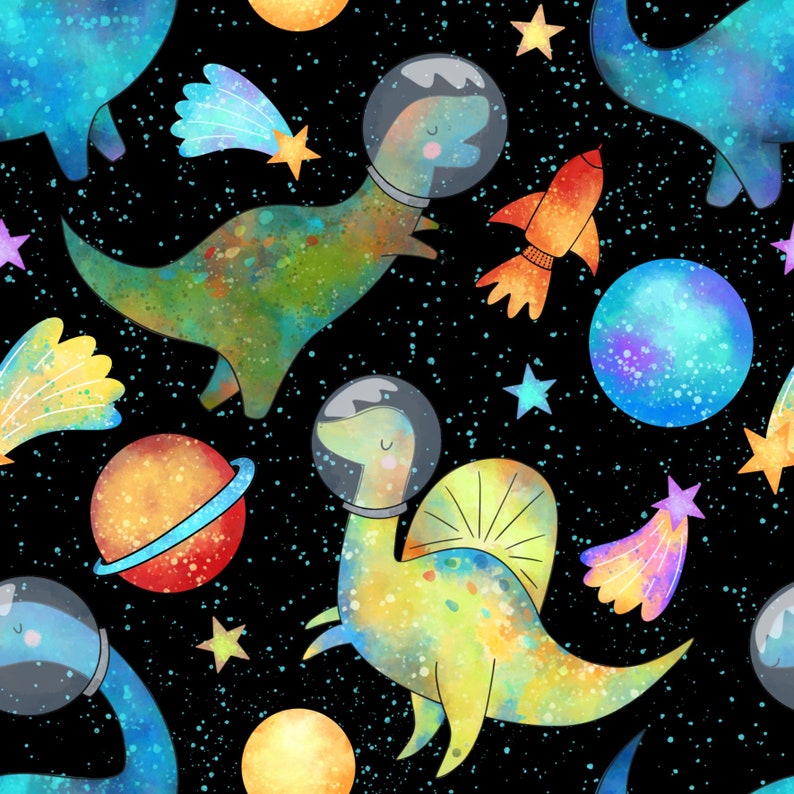 Rainbow Space Dinosaurs Space Explore Rockets Stars Print Pattern ...