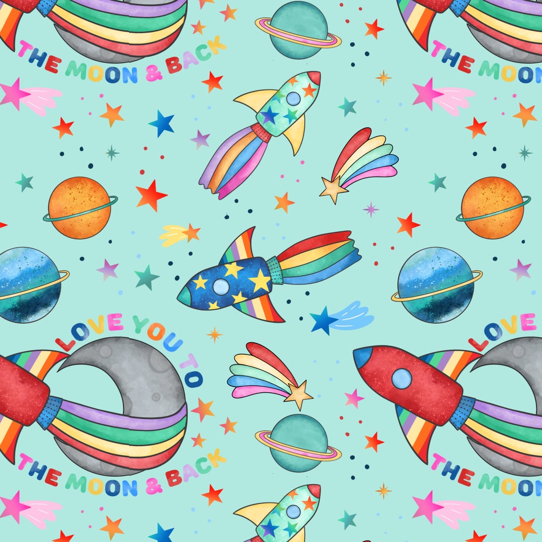 Love You to the Moon Rainbow SPACE Scandi - Rockets Space Print Pattern ...