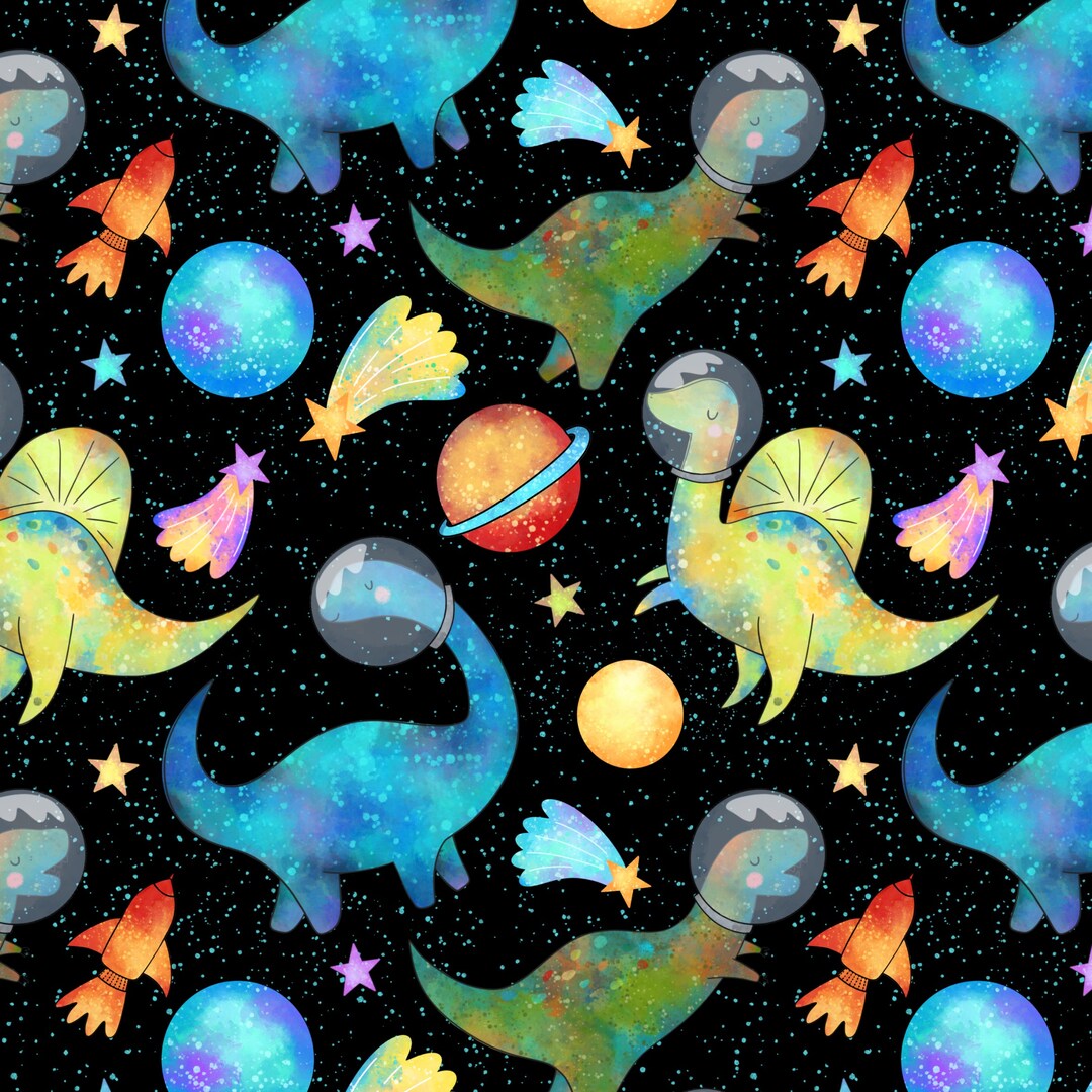 Rainbow Space Dinosaurs Space Explore Rockets Stars Print Pattern ...