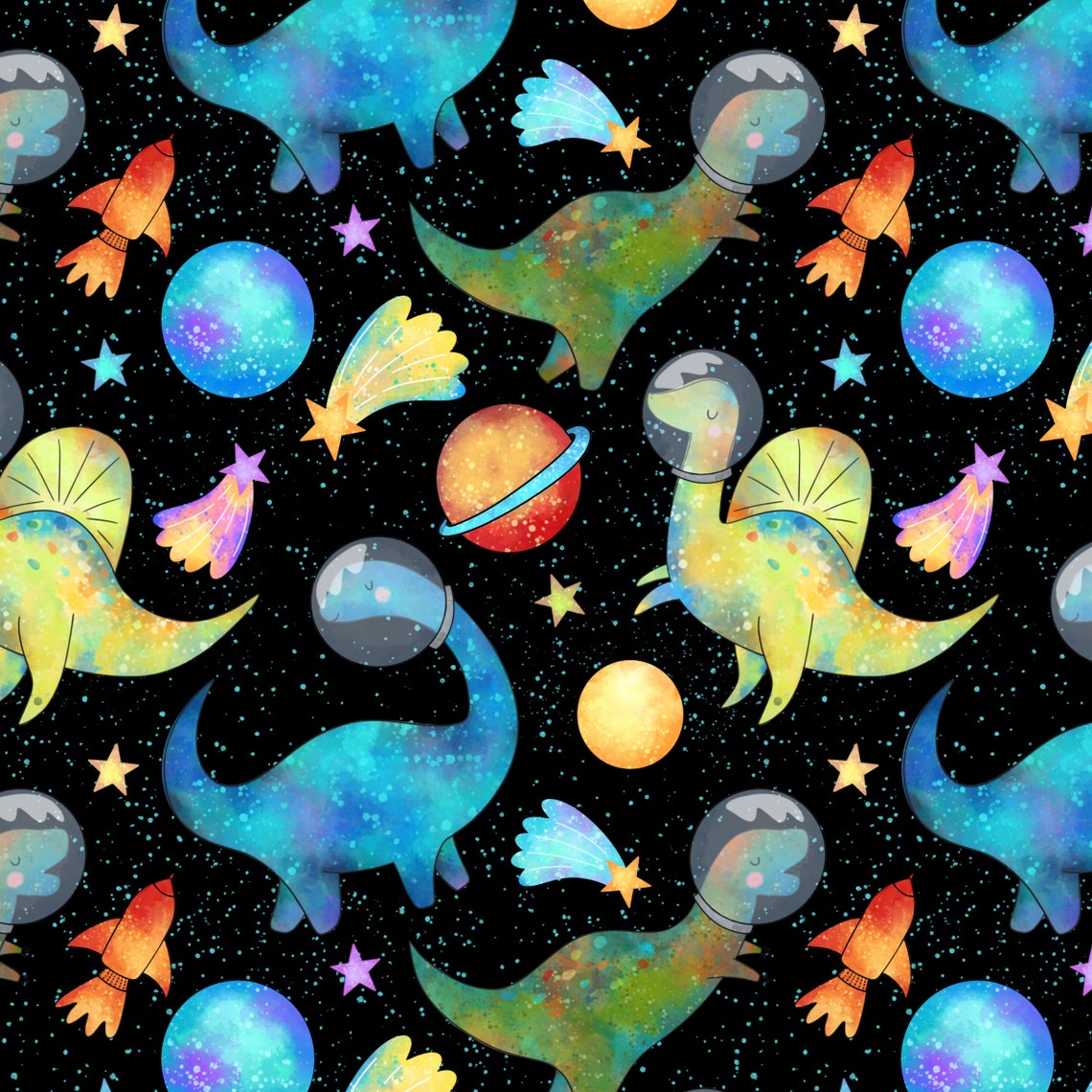Rainbow Space Dinosaurs Space Explore Rockets Stars Print Pattern ...