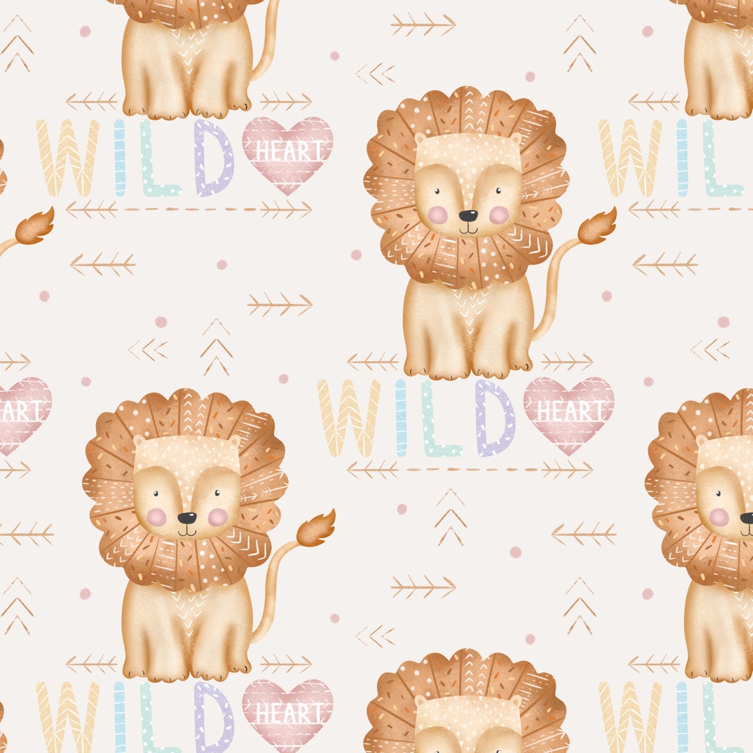 Boho, Wild Heart Lion Cute Kids Design Print , Scandi Fun Seamless ...