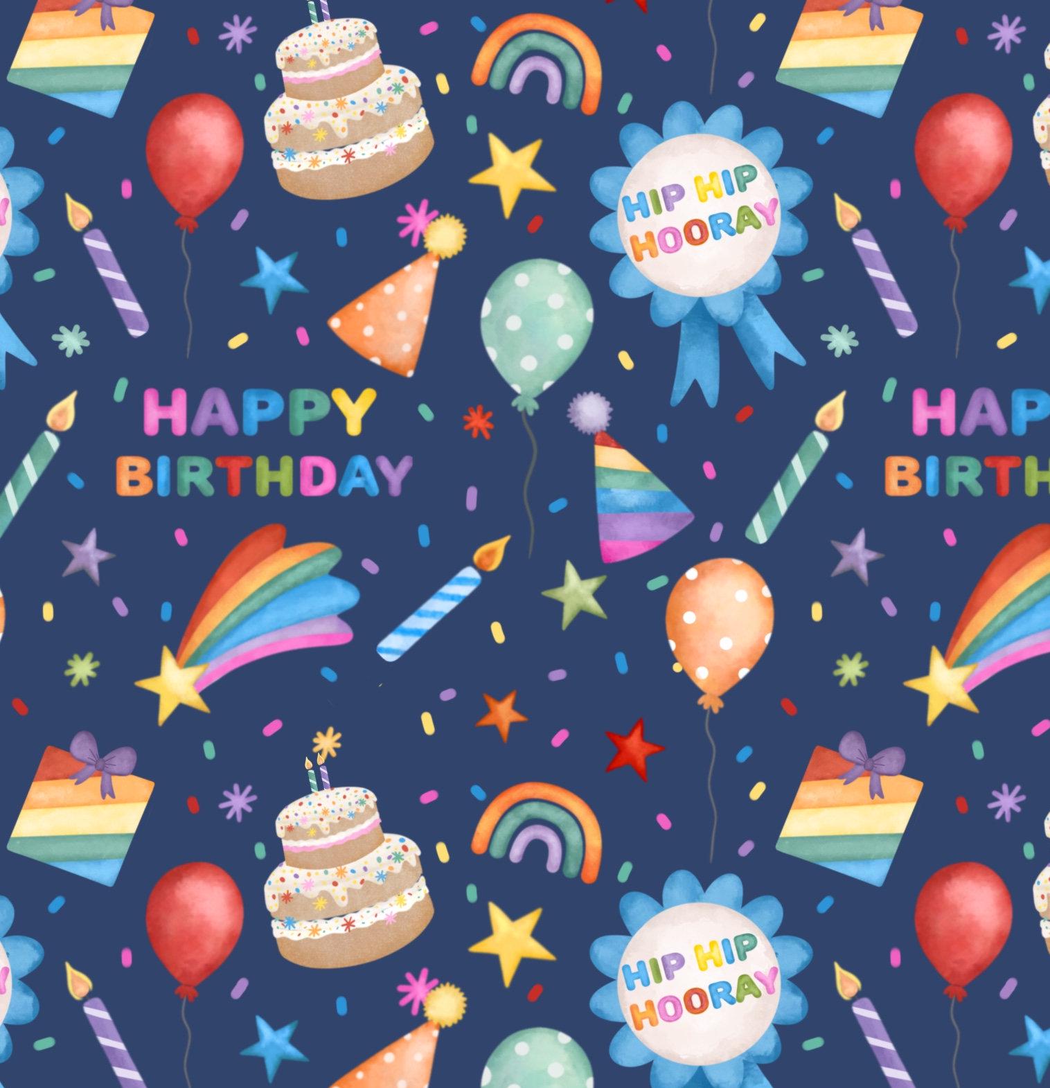 Happy Birthday Hip Hip Hooray ,navy Base Seamless Print Pattern Digital ...