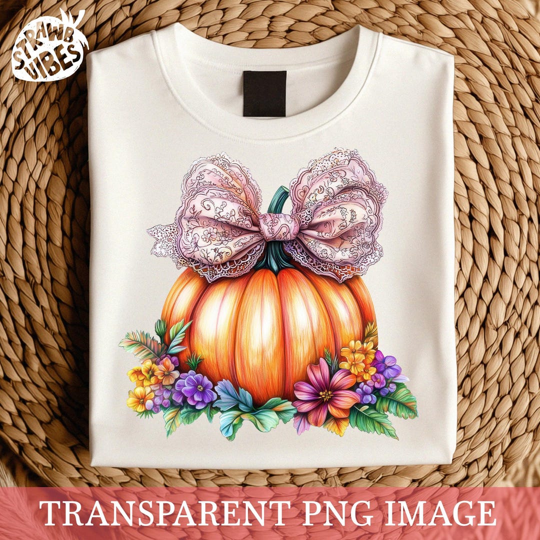 Pumpkin With Lace Coquette Bow Png, Pumpkin With Flowers Png, Colorful ...
