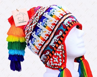 Beaded Shaman Ch'ullo Peru Winter Hat Colorful Pom Poms | Etsy