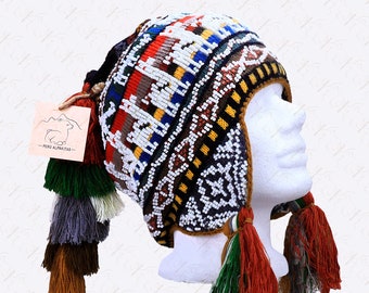Beaded Shaman Ch'ullo Peru Winter Hat Colorful Pom Poms Tassels ...