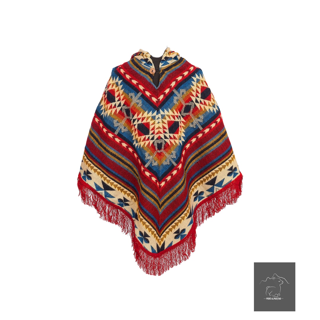 Alpaca Poncho With Native Pattern - Red Triangular Design - Native ...