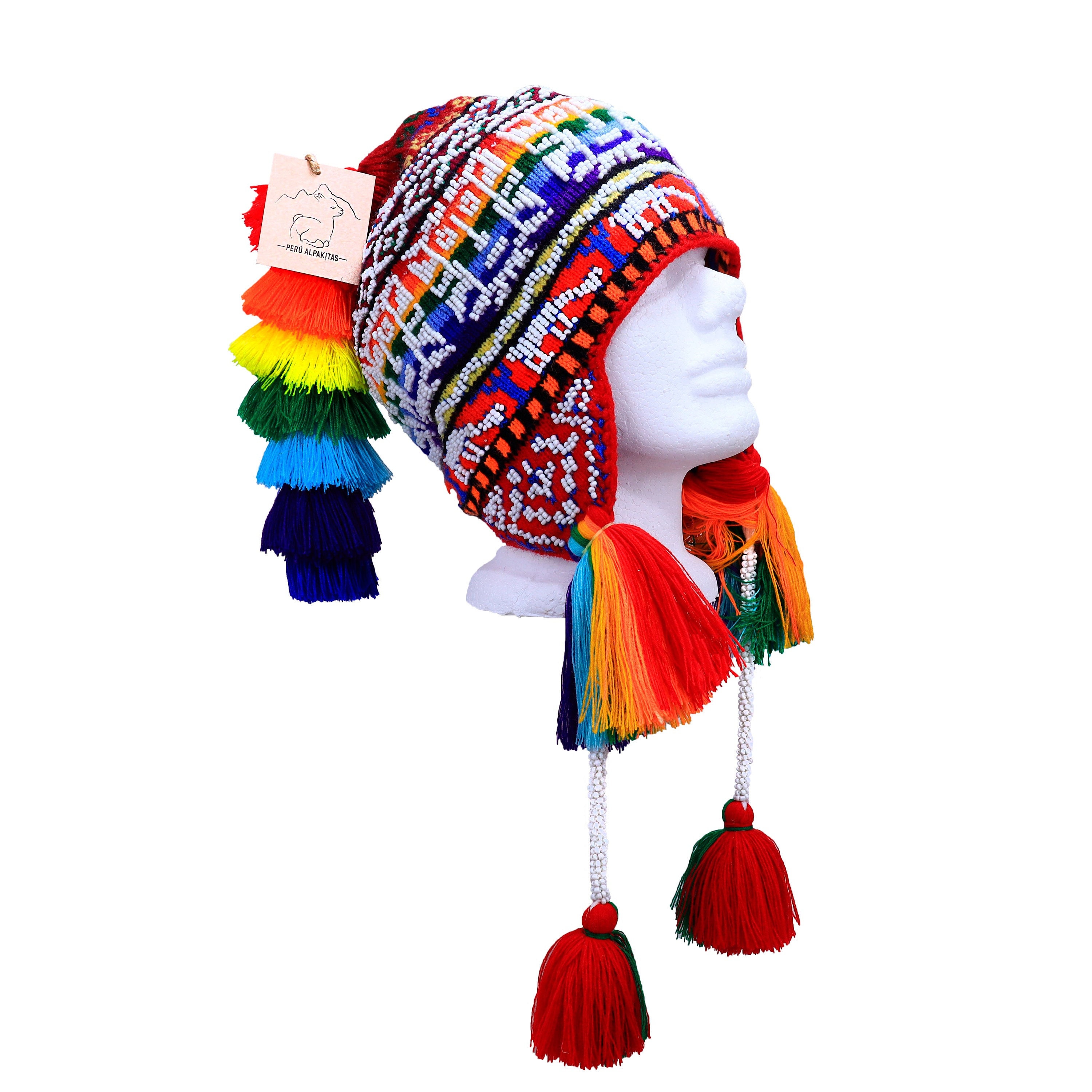 Beaded Shaman Ch'ullo Peru Winter Hat Colorful Pom Poms Tassels ...