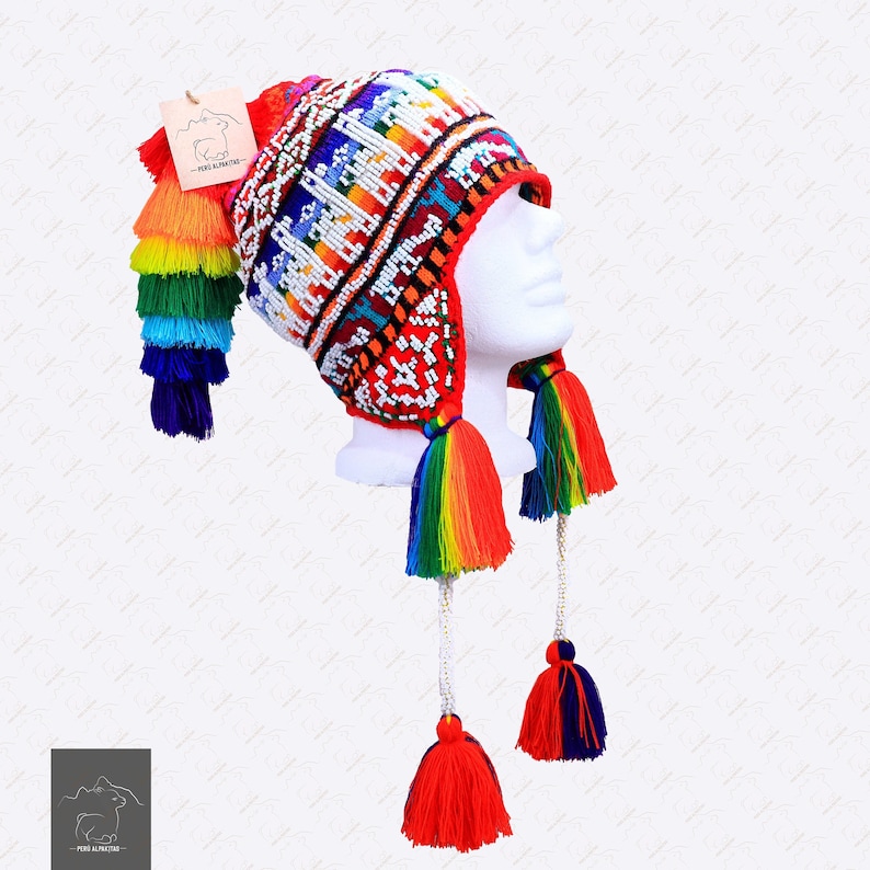 Beaded Shaman Ch'ullo Peru Winter Hat Colorful Pom Poms - Etsy