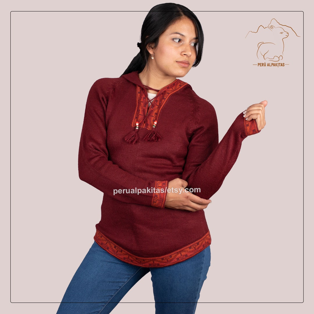 Suéter de fibra de alpaca suave tejido a mano, suéter con capucha para ...