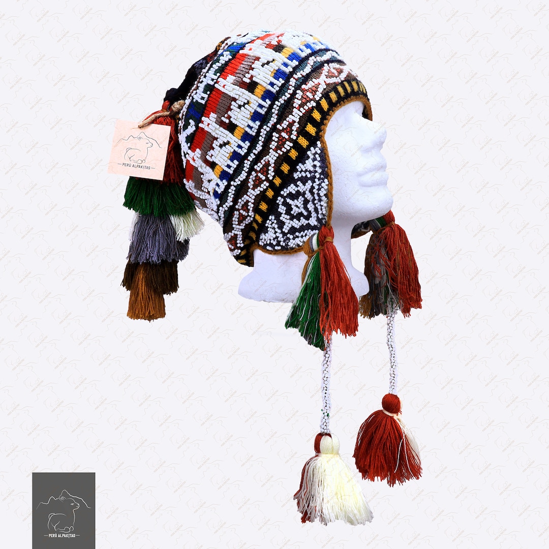 Beaded Shaman Ch'ullo Peru Winter Hat Colorful Pom Poms Tassels ...