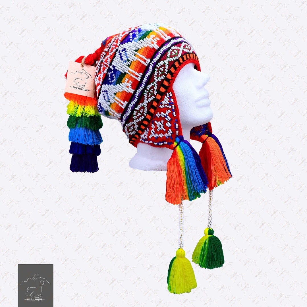 Beaded Shaman Ch'ullo Peru Winter Hat Colorful Pom Poms Tassels ...
