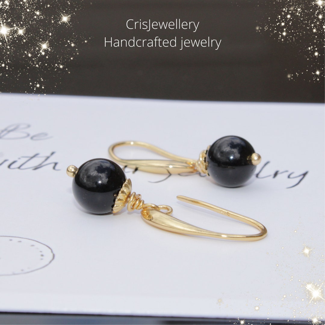 Dangling Natural Black Obsidian Ball Hook Earrings, 18kt Gold Plated ...