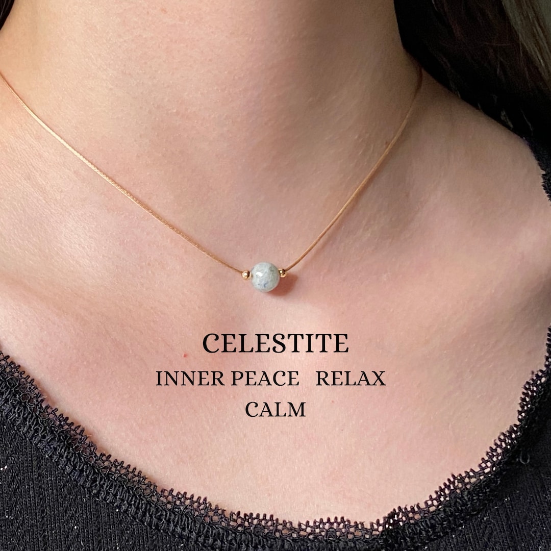8mm Blue Genuine Celestite String Necklace Throat Chakra Stone on Black ...