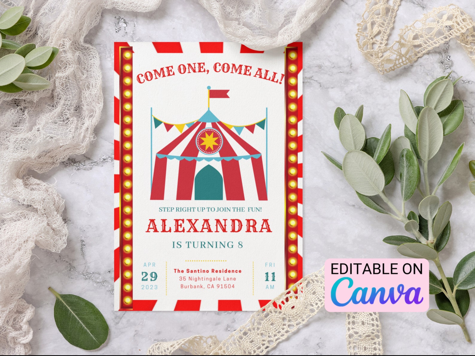 Printable Circus Carnival Birthday Party Invitation - Editable on Canva ...