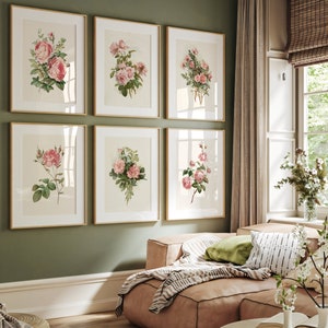 Pink Roses Print Set Flower Art Set of 6 English Cottage Wall Decor ...
