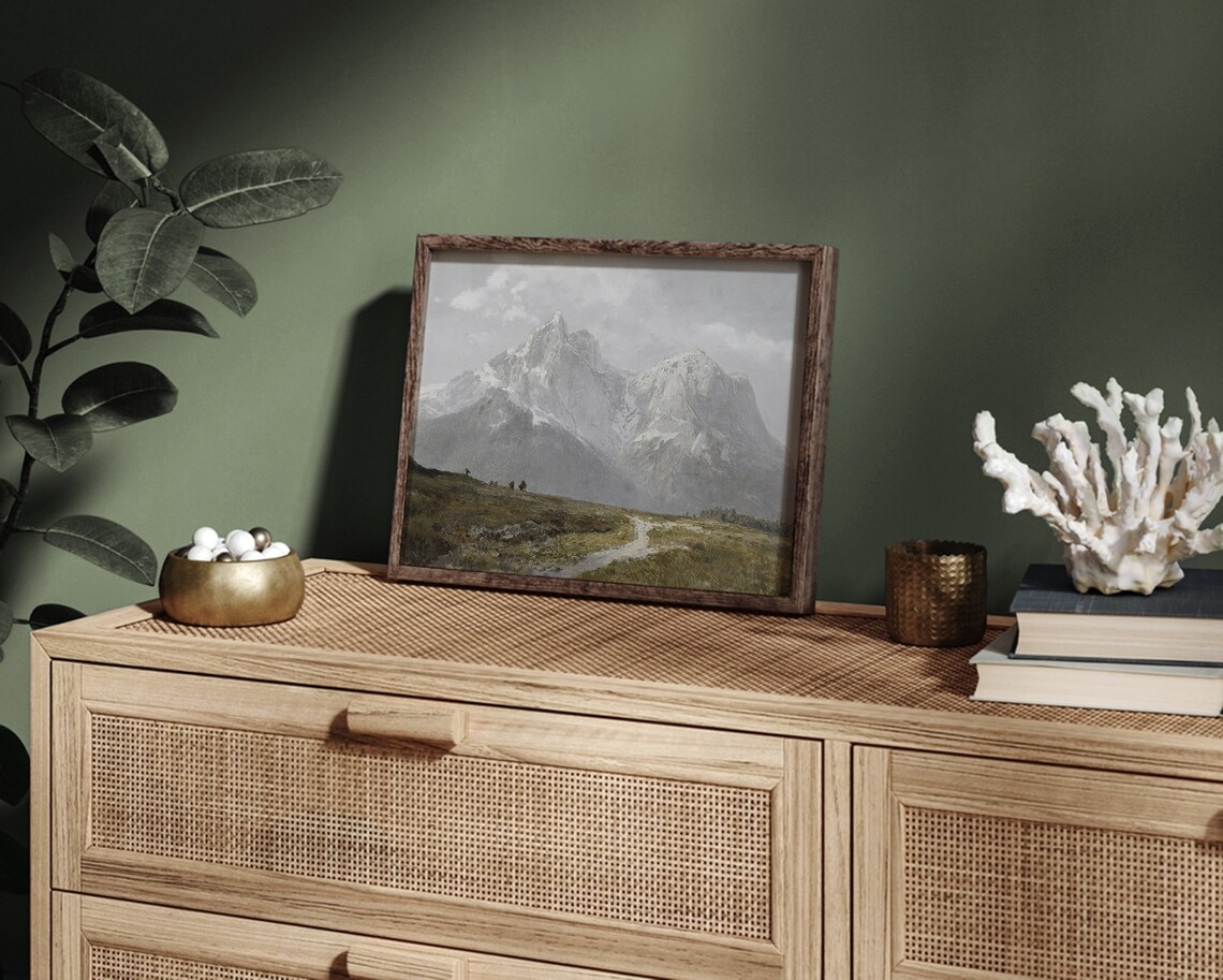Vintage Mountain Landscape Prints, Muted Green Tonal, Mountainscape Oil ...