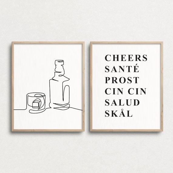 Bar Prints Set of 2 Cheers Print Fine Line Drinks Art - Etsy