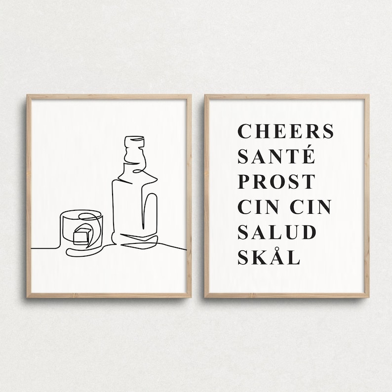 Bar Prints Set of 2 Cheers Print Fine Line Drinks Art - Etsy