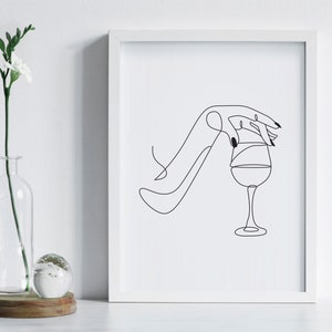 Wine Print Fine Line, Wine Woman Art Print, Wine Wall Poster, Line ...