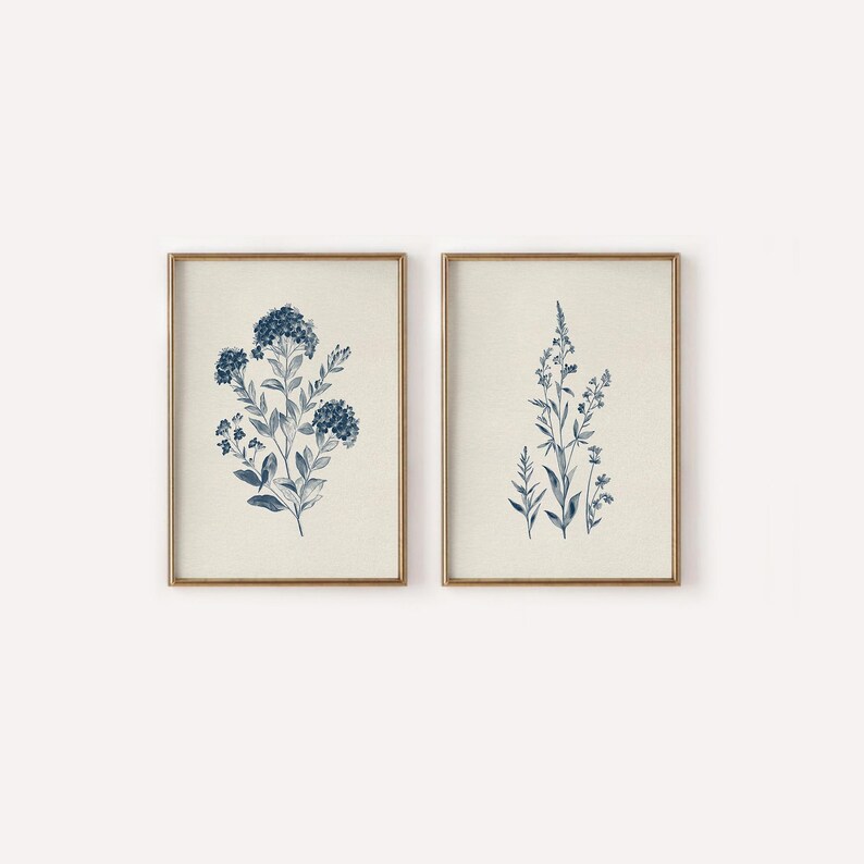 Vintage Blue Floral Prints, Farmhouse Botanical Decor, Minimal Flower ...