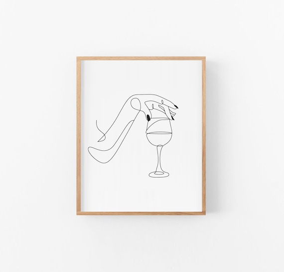 Wine Print Fine Line Wine Woman Art Print Wine Wall Poster | Etsy