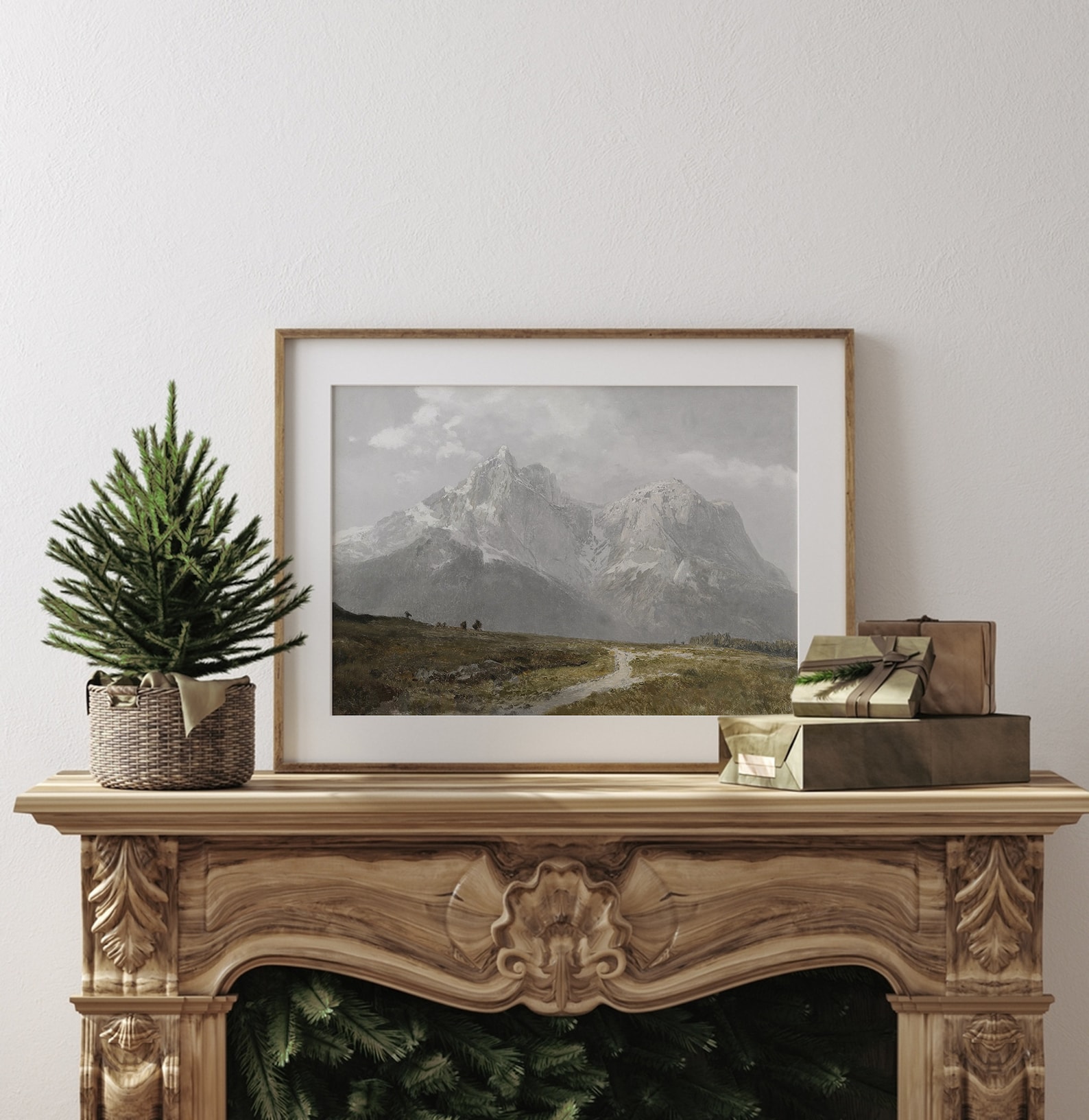 Vintage Mountain Landscape Prints, Muted Green Tonal, Mountainscape Oil ...