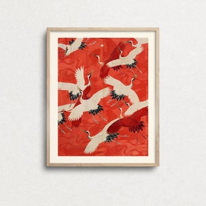 Japanese Art Print, Red Cranes Painting, Digital Download - Etsy