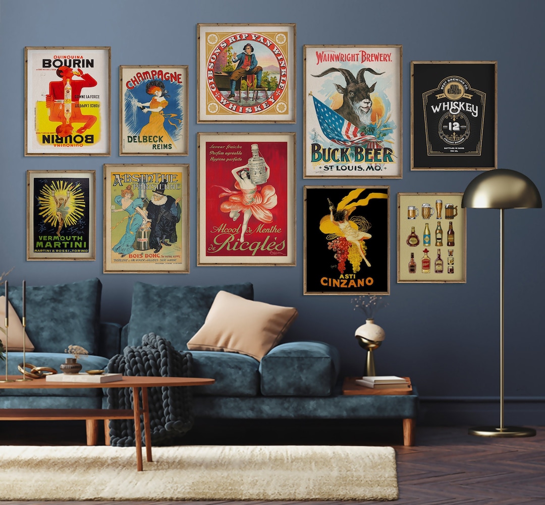 Bar Art Gallery Wall Set of 10, Eclectic Print Set, Bar Cart Art Set ...