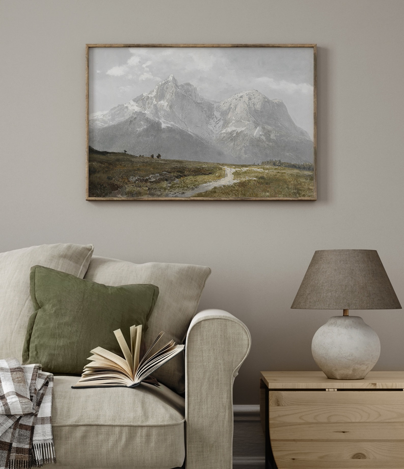 Vintage Mountain Landscape Prints, Muted Green Tonal, Mountainscape Oil ...