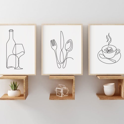 Set of 3 Line Drawing Printable Kitchen Decor kitchen Wall - Etsy Canada