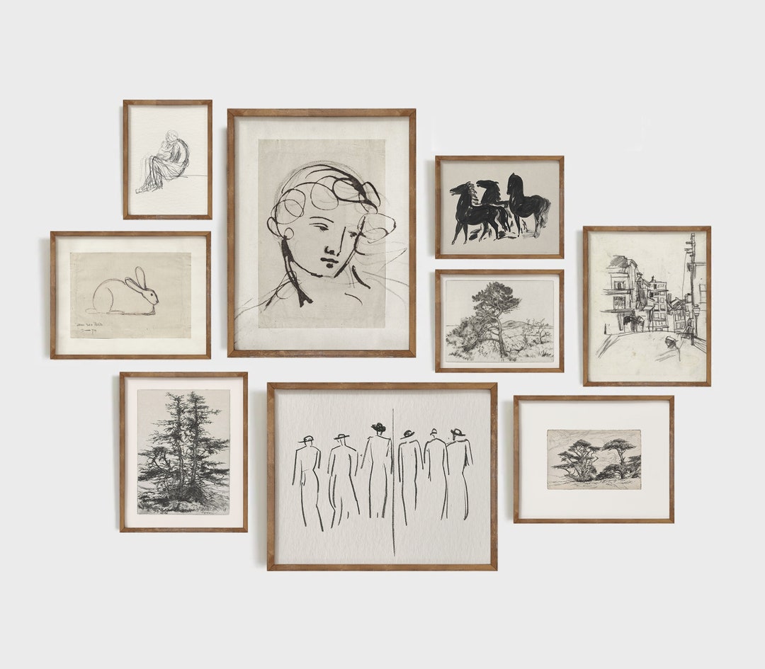 Neutral Gallery Wall Art Set, Vintage Sketch Prints, Etching Home Decor ...