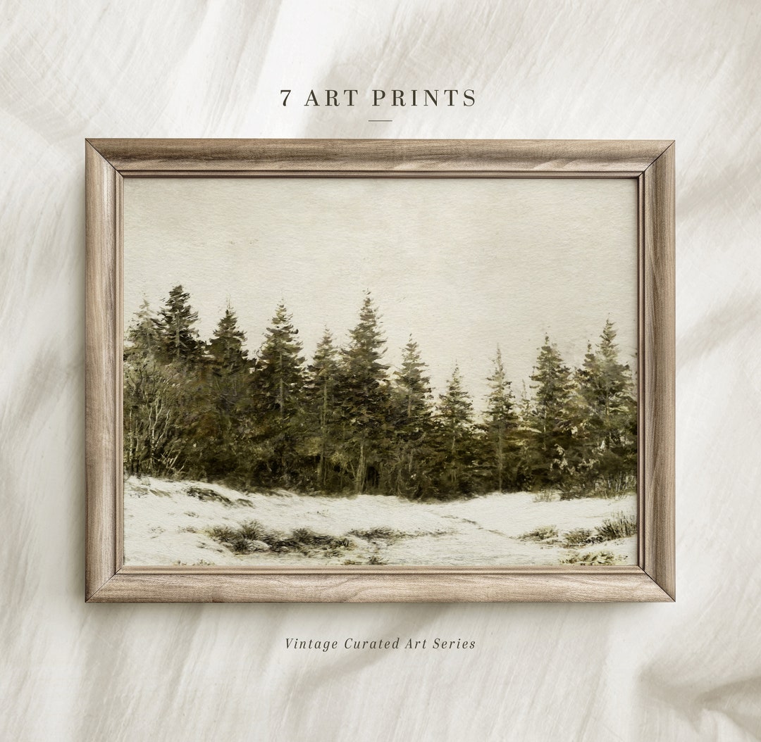 Christmas Painting, Rustic Landscape, Vintage Pine Trees Print, Winter ...