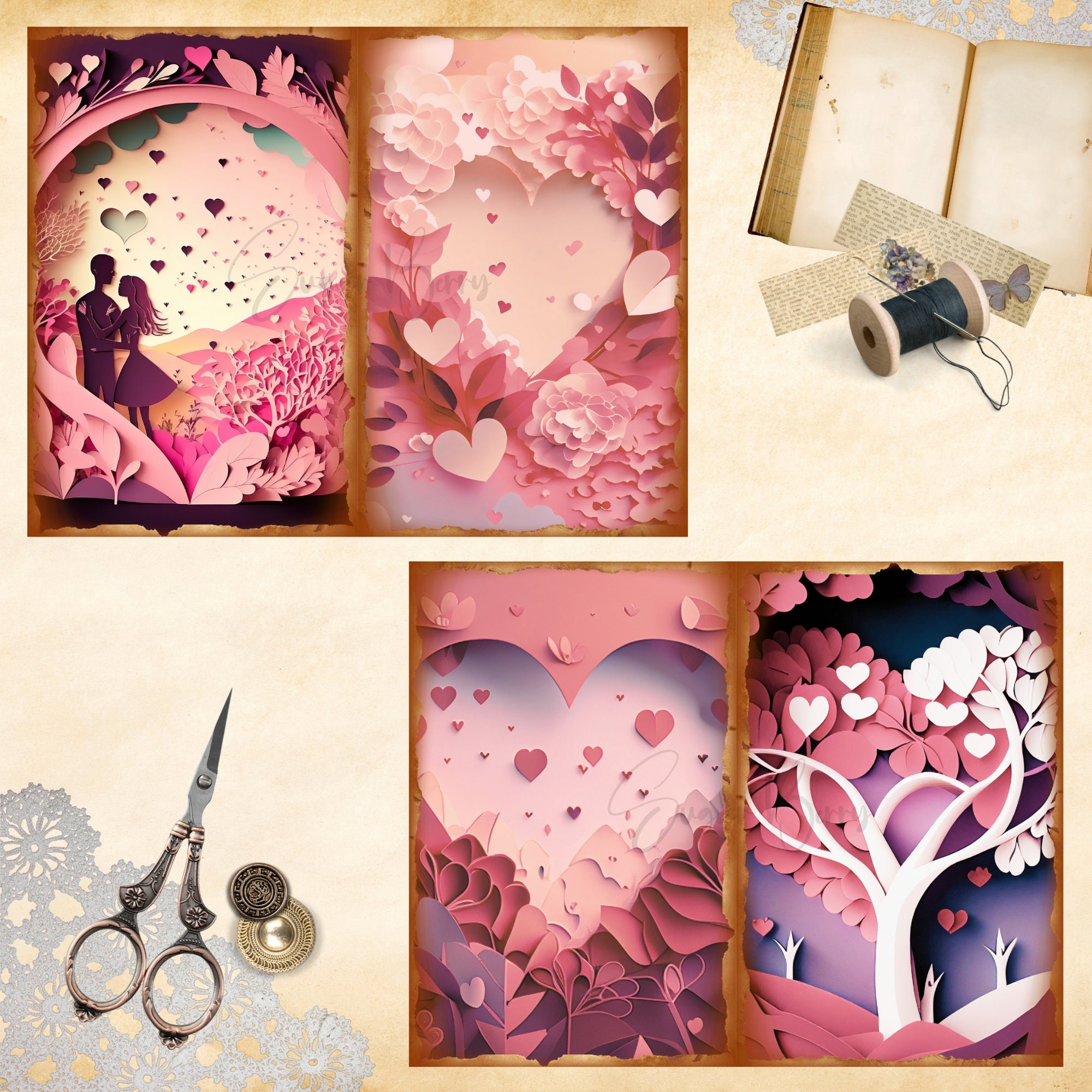 3D Valentine's Papercut Love Junk Journal Pages Vintage Pink Heart ...