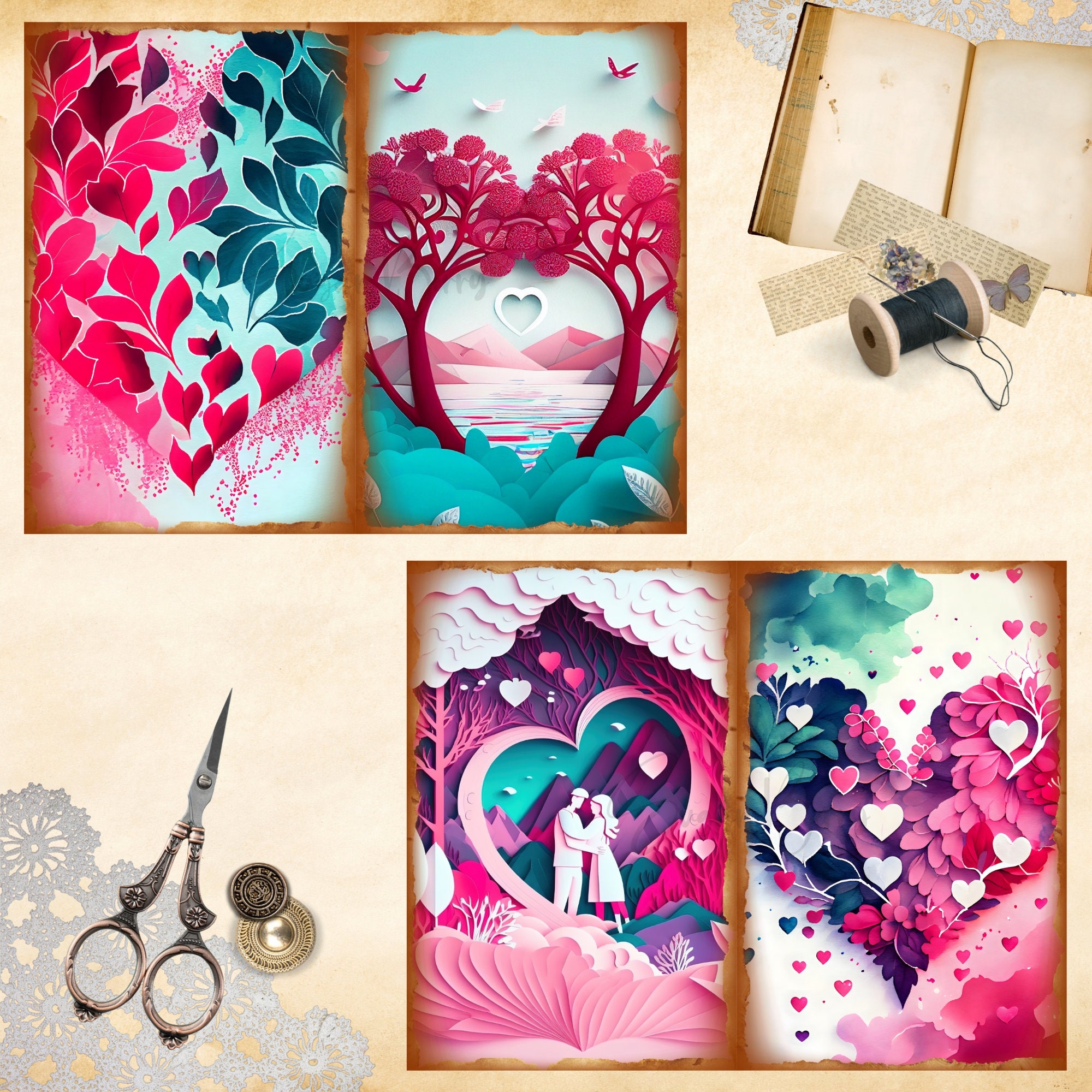 3D Valentine's Papercut Love Junk Journal Pages Vintage Pink Heart ...