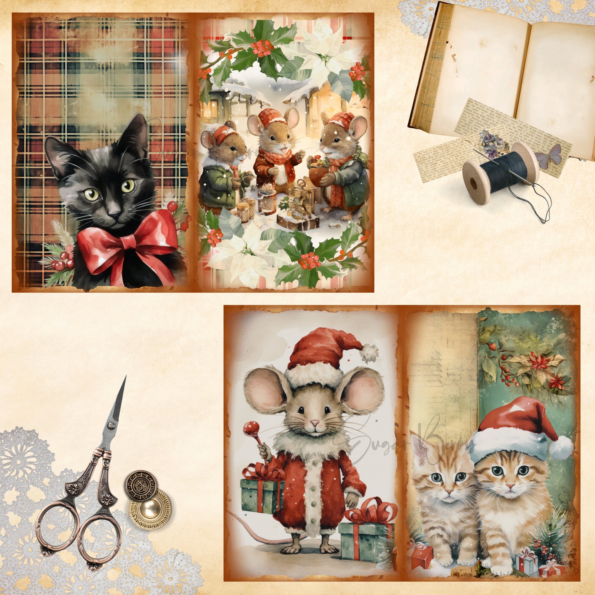 Cat and Mouse Christmas Junk Journal Pages Vintage Plaid Christmas ...