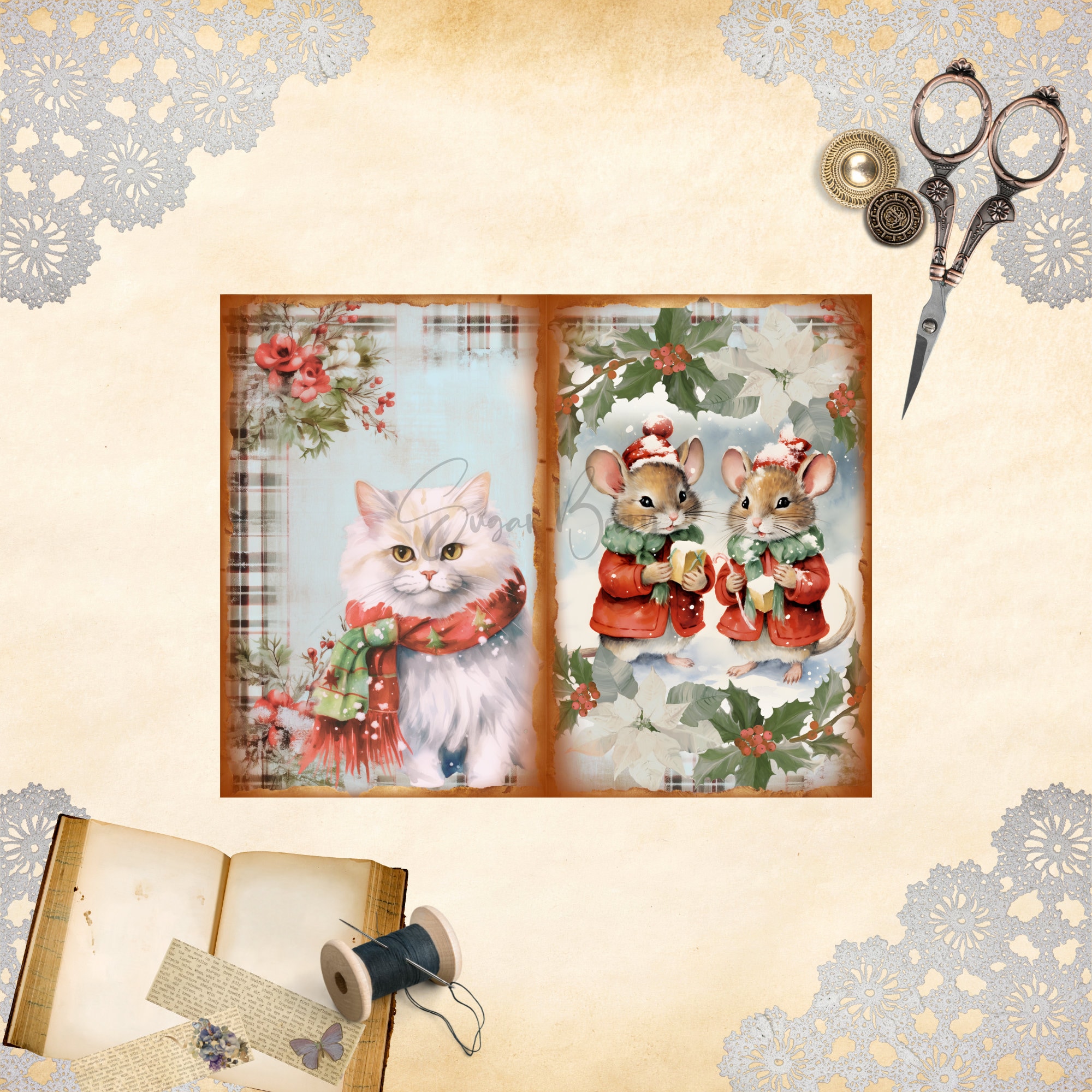 Cat and Mouse Christmas Junk Journal Pages Vintage Plaid Christmas ...