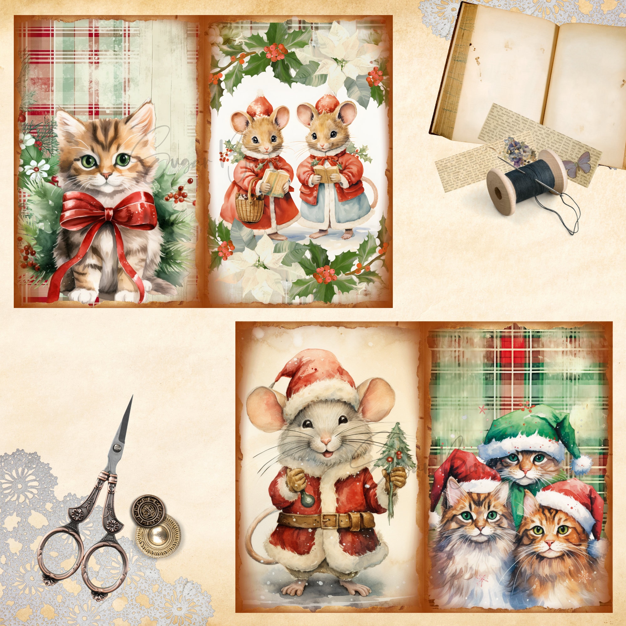 Cat and Mouse Christmas Junk Journal Pages Vintage Plaid Christmas ...