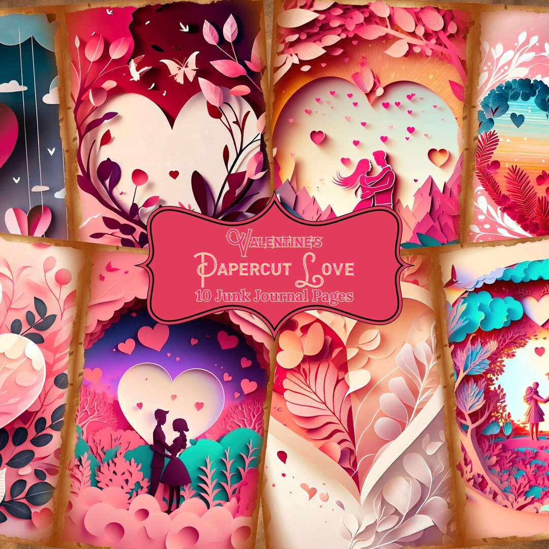 3D Valentine's Papercut Love Junk Journal Pages Vintage Pink Heart ...