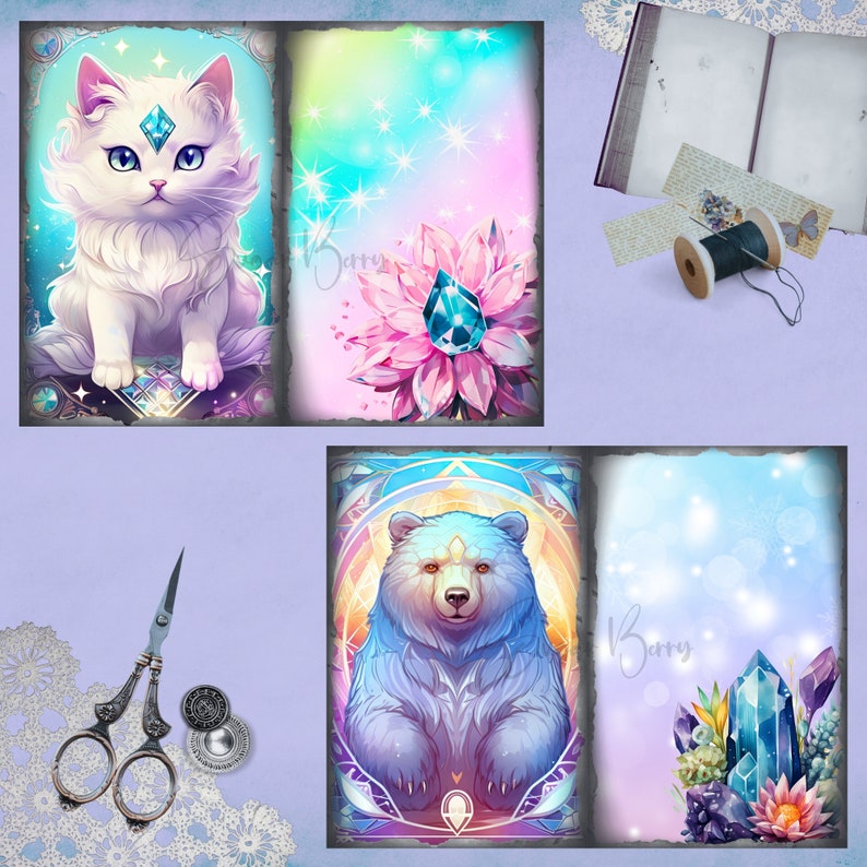 Pastel Crystal Animals Junk Journal Pages Fantasy Pink Ephemera Bee ...