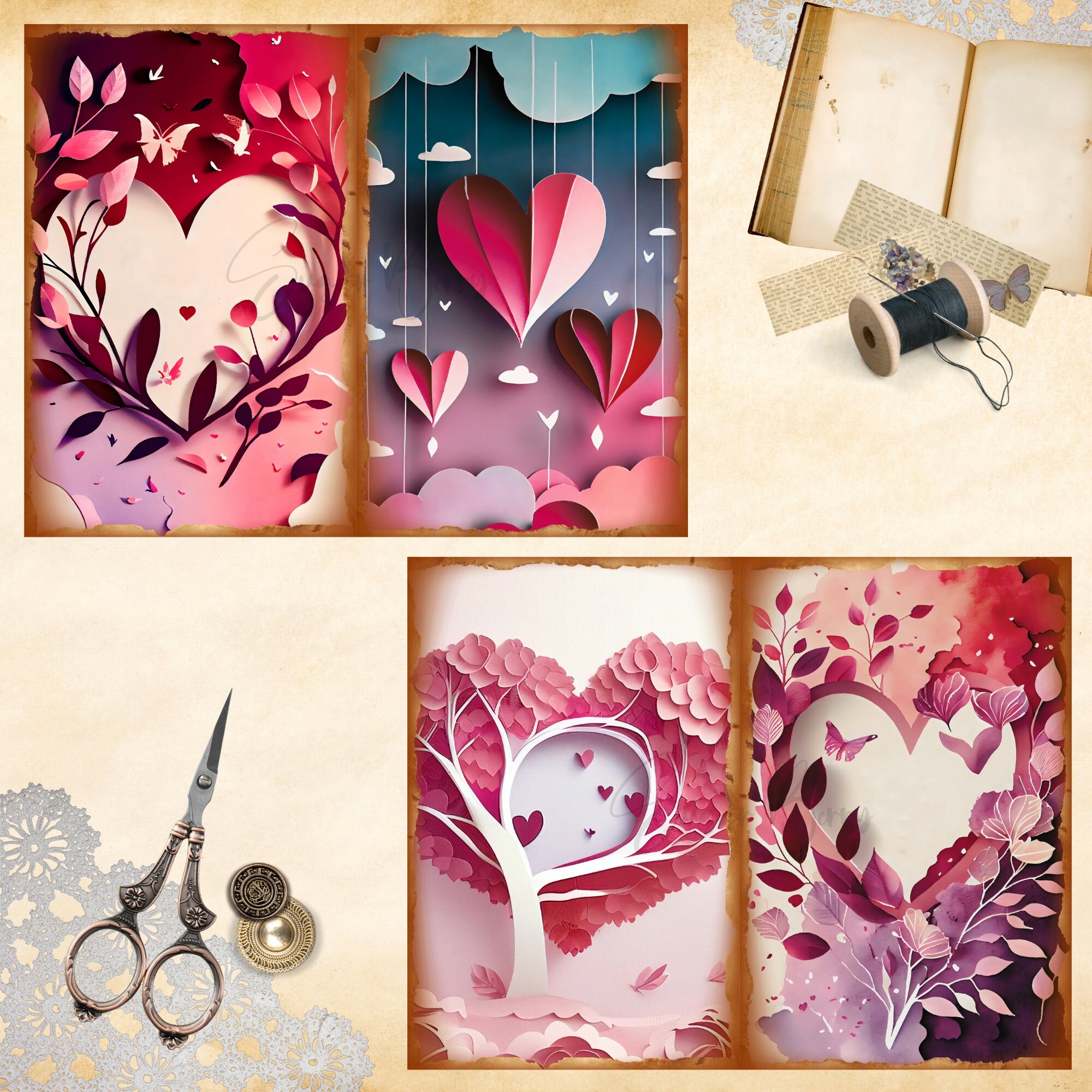 3D Valentine's Papercut Love Junk Journal Pages Vintage Pink Heart ...