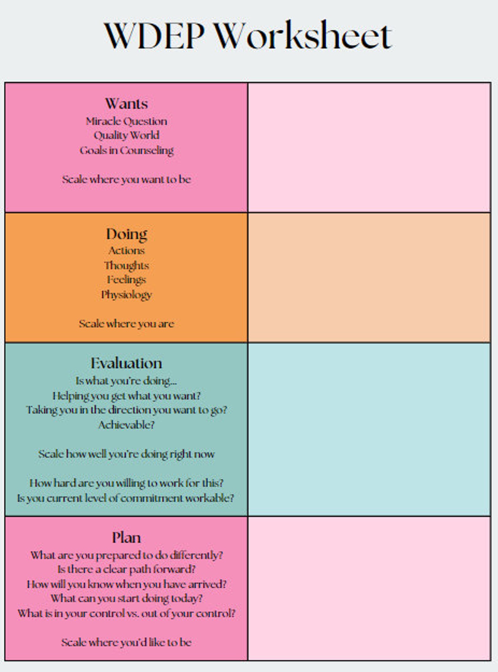 Reality Therapy WDEP Worksheet + BIRP Note Template - Etsy